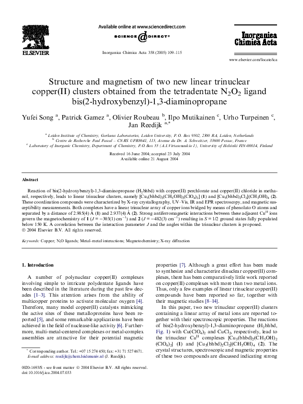 (PDF) Structure and magnetism of two new linear trinuclear copper(II) clusters obtained from the ...