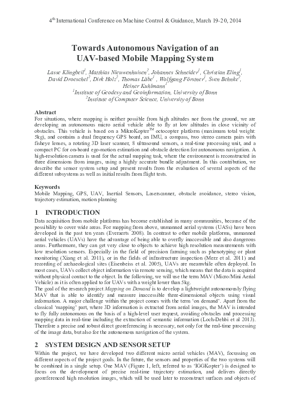 Pdf Towards Autonomous Navigation Of An Uav Based Mobile Mapping System