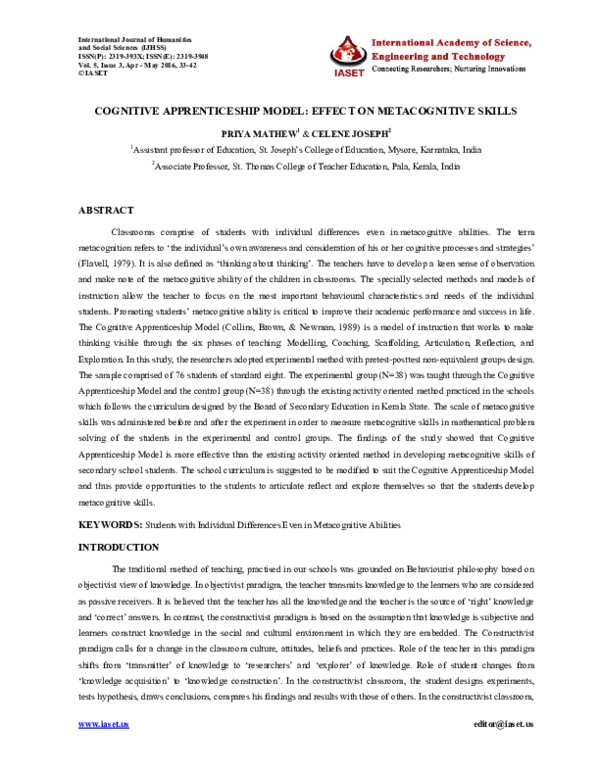 Pdf Cognitive Apprenticeship Model Effect On Metacognitive Skills