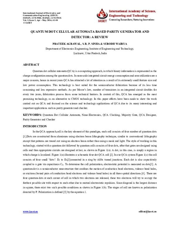 (PDF) QUANTUM DOT CELLULAR AUTOMATA BASED PARITY GENERATOR AND DETECTOR: A REVIEW