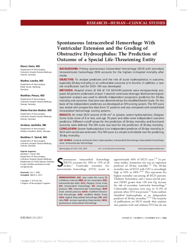 (PDF) Spontaneous Intracerebral Hemorrhage With Ventricular Extension and the Grading of ...