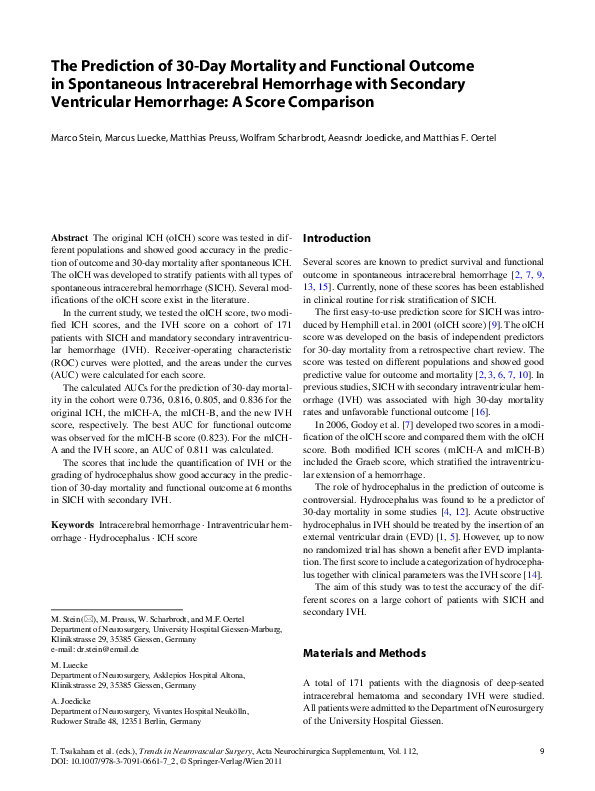 (PDF) The prediction of 30-day mortality and functional outcome in spontaneous intracerebral ...