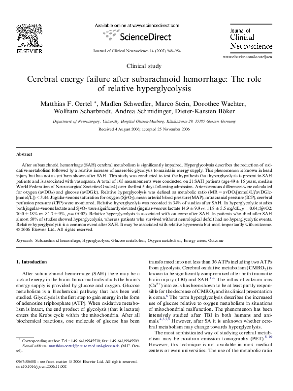 (PDF) Cerebral energy failure after subarachnoid hemorrhage: The role ...