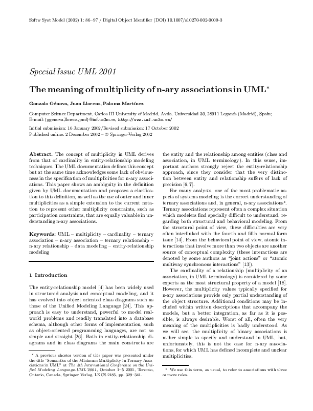 (PDF) The meaning of multiplicity of n-ary associations in UML