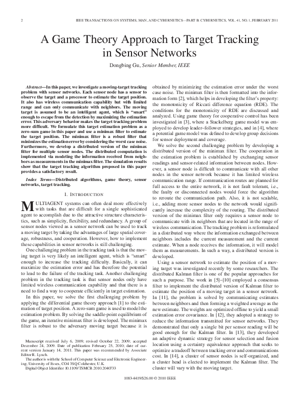 (PDF) A Game Theory Approach to Target Tracking in Sensor Networks