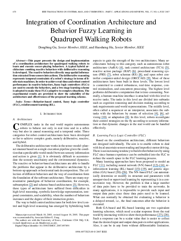(PDF) Integration of Coordination Architecture and Behavior Fuzzy Learning in Quadruped Walking ...