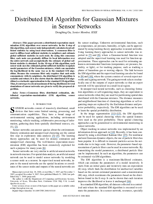 Pdf Distributed Em Algorithm For Gaussian Mixtures In Sensor Networks
