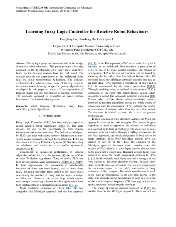 Pdf Learning Fuzzy Logic Controller For Reactive Robot Behaviours