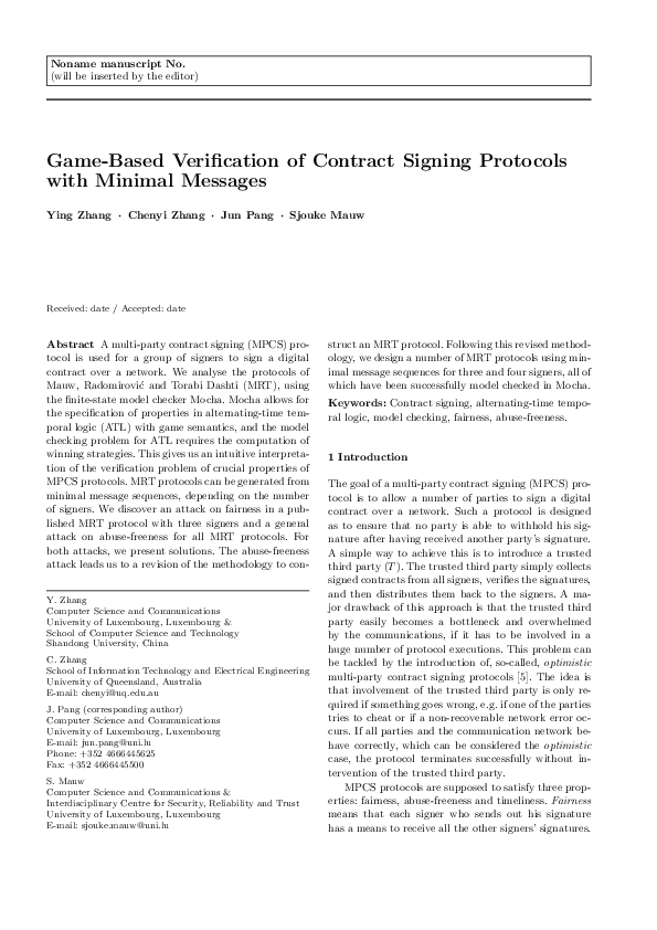 (PDF) Game-based verification of contract signing protocols with minimal messages