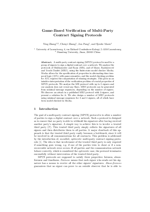 (PDF) Game-based verification of multi-party contract signing protocols