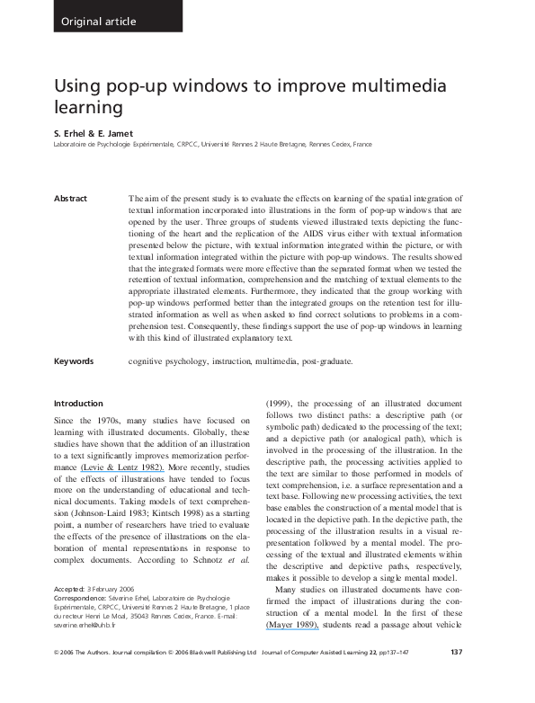 (PDF) Using pop-up windows to improve multimedia learning