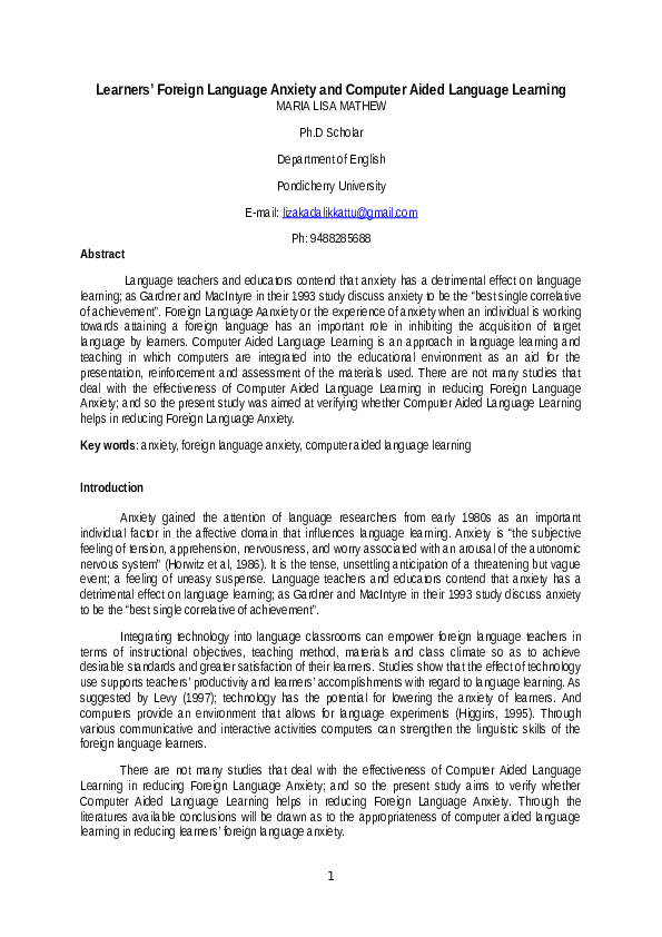 (DOC) Learners' Foreign Language Anxiety and Computer Aided Language ...