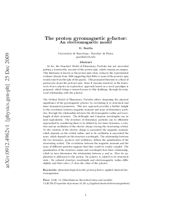 (PDF) The proton gyromagnetic g-factor: an electromagnetic model