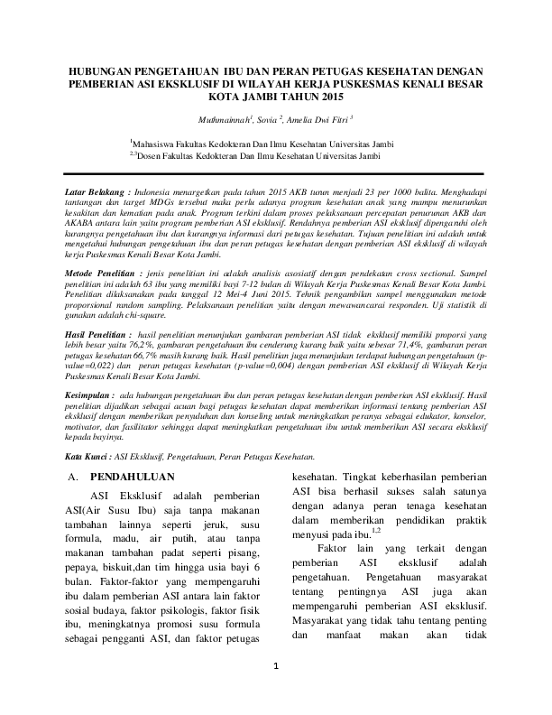 (PDF) HUBUNGAN PENGETAHUAN IBU DAN PERAN PETUGAS KESEHATAN DENGAN PEMBERIAN ASI EKSKLUSIF DI ...