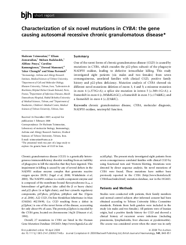 (PDF) Characterization of six novel mutations in CYBA: the gene causing ...