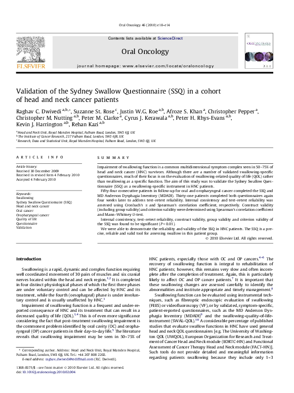 (PDF) Validation of the Sydney Swallow Questionnaire (SSQ) in a cohort ...