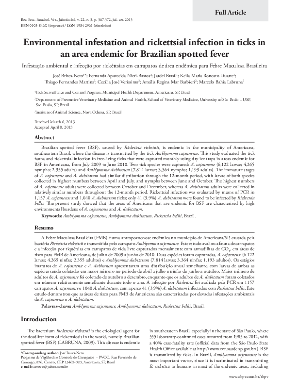 (PDF) Environmental infestation and rickettsial infection in ticks in ...