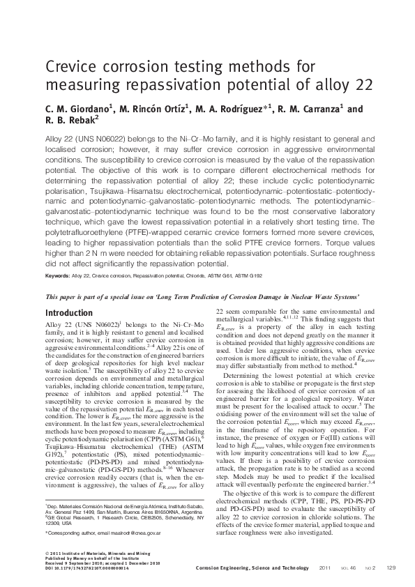 (PDF) Crevice corrosion testing methods for measuring repassivation ...