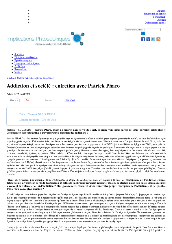 (PDF) Addiction et société : entretien avec Patrick Pharo