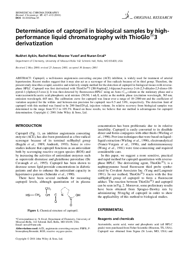 Pdf Determination Of Captopril In Biological Samples By High Performance Liquid Chromatography