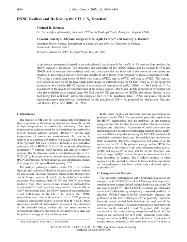 (PDF) HNNC Radical and Its Role in the CH + N 2 Reaction