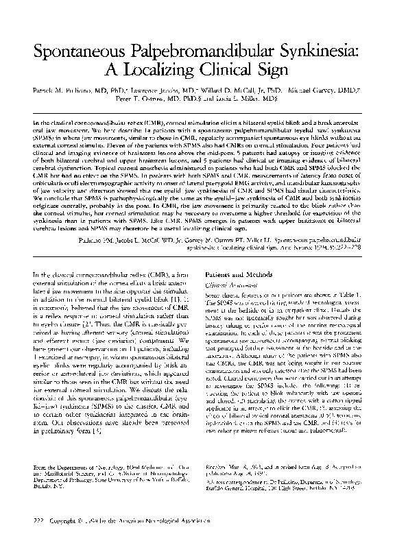 (PDF) Spontaneous palpebromandibular synkinesia: A localizing clinical sign
