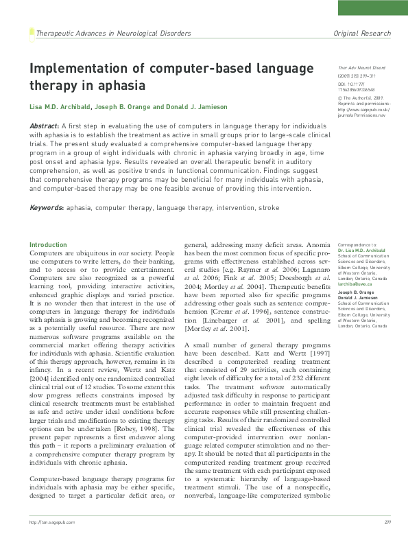 (PDF) Implementation of computer-based language therapy in aphasia