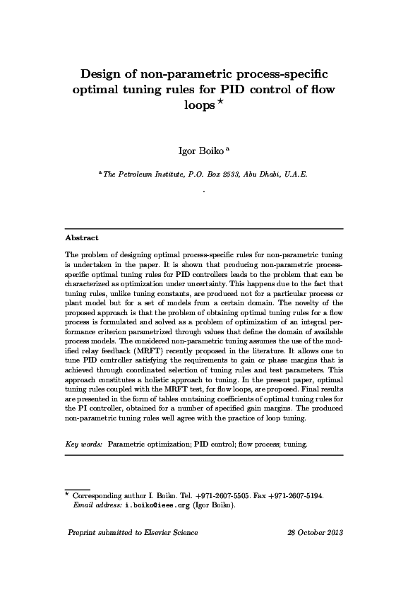 (PDF) Design of non-parametric process-specific optimal tuning rules for PID control of flow ...