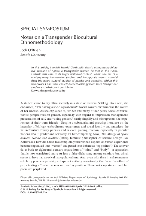 (PDF) Seeing Agnes: Notes on a Transgender Biocultural Ethnomethodology