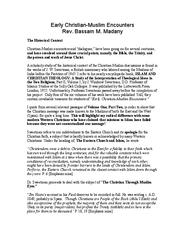 (DOC) Early Christian-Muslim Encounters Rev. Bassam M. Madany