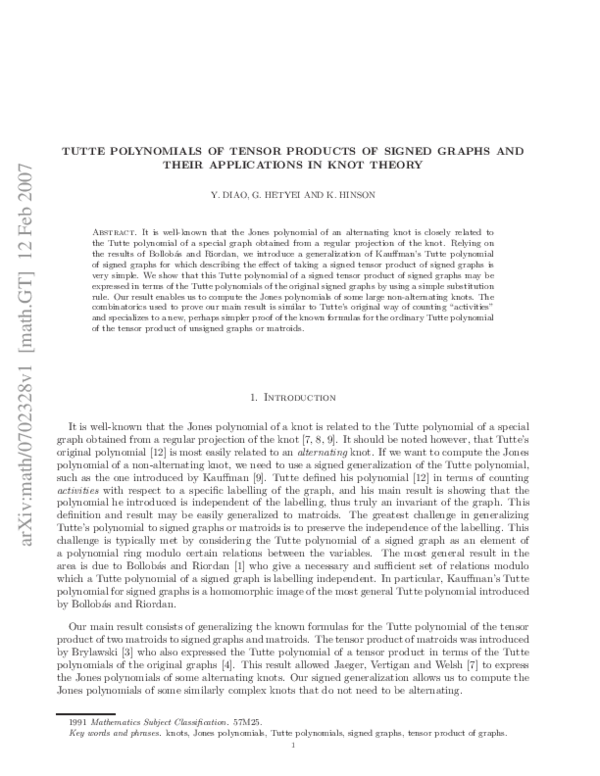 Pdf Tutte Polynomials Of Tensor Products Of Signed Graphs And Their Applications In Knot Theory