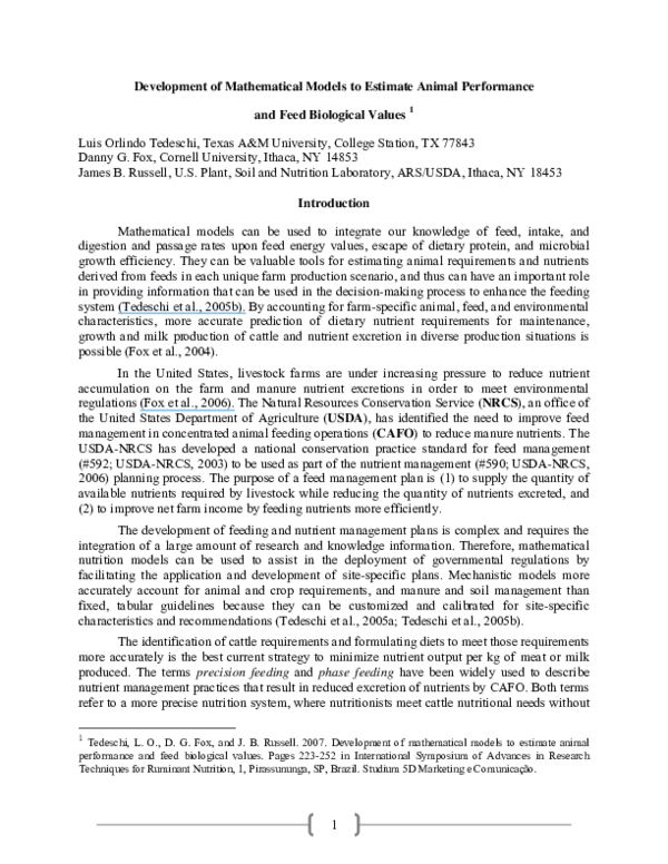 (PDF) Development of Mathematical Models to Estimate Animal Performance ...