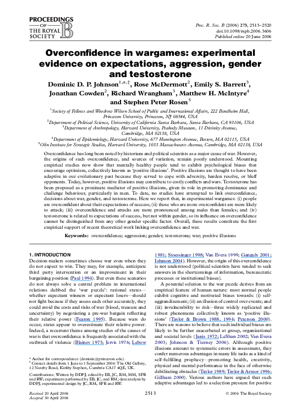 (PDF) Overconfidence in wargames: experimental evidence on expectations, aggression, gender and ...
