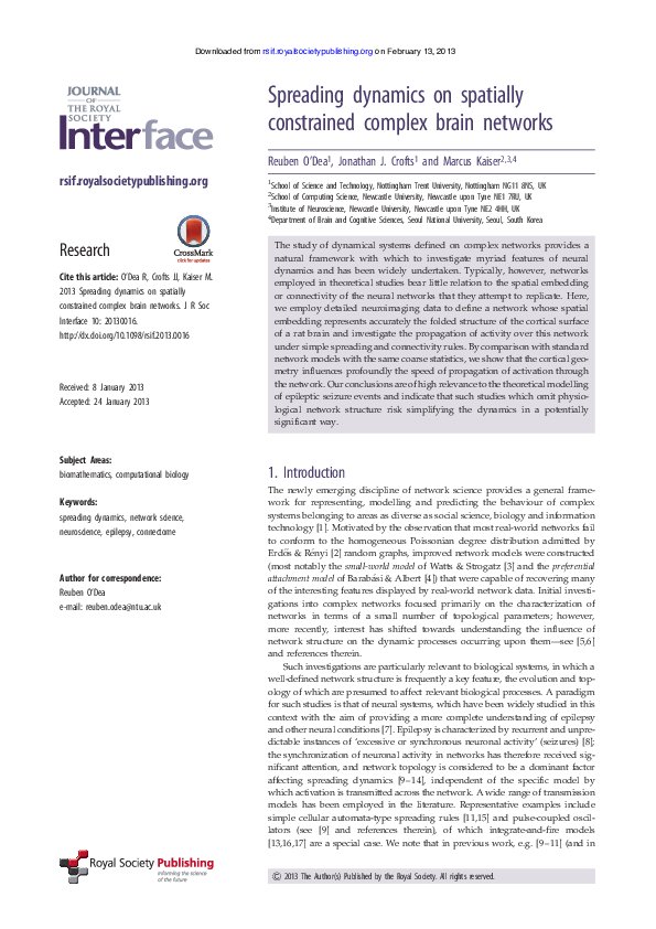 Pdf Spreading Dynamics On Spatially Constrained Complex Brain Networks R Odea