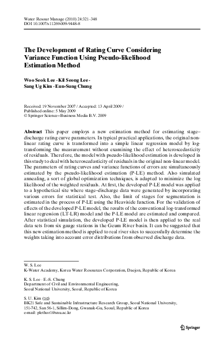 (PDF) The Development of Rating Curve Considering Variance Function Using Pseudo-likelihood ...