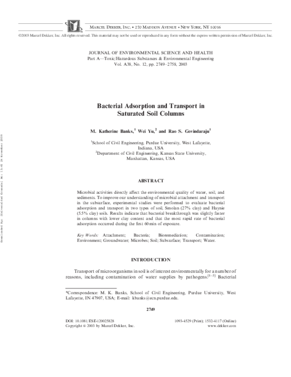 (PDF) Bacterial Adsorption and Transport in Saturated Soil Columns