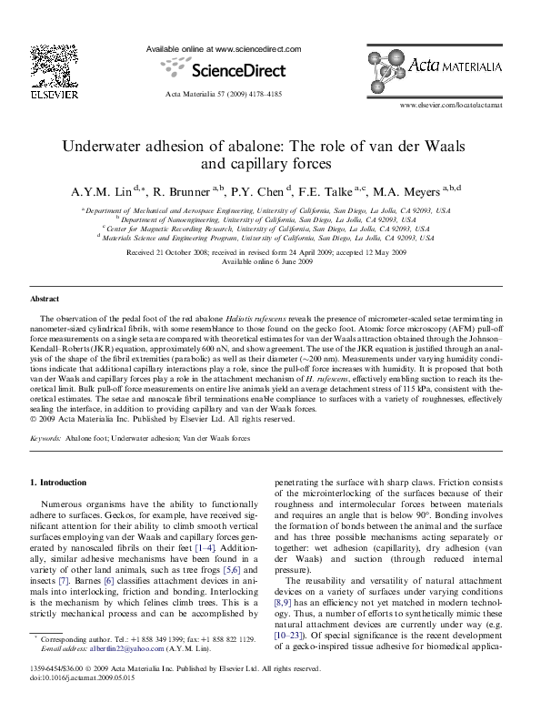 (PDF) Underwater adhesion of abalone: The role of van der Waals and ...