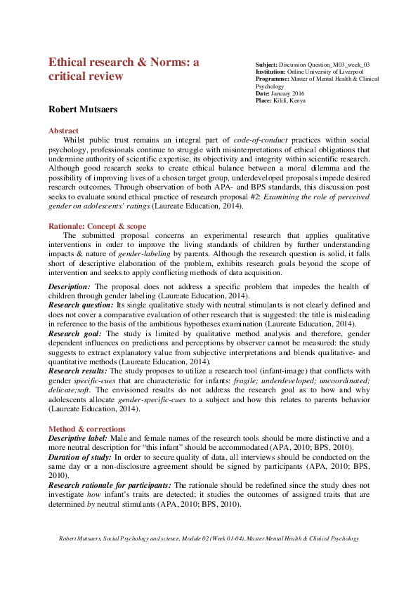 (PDF) Ethical research & Norms: a critical review