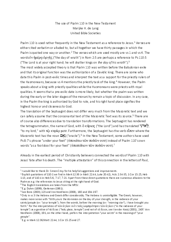 (PDF) The use of Psalm 110 in the New Testament