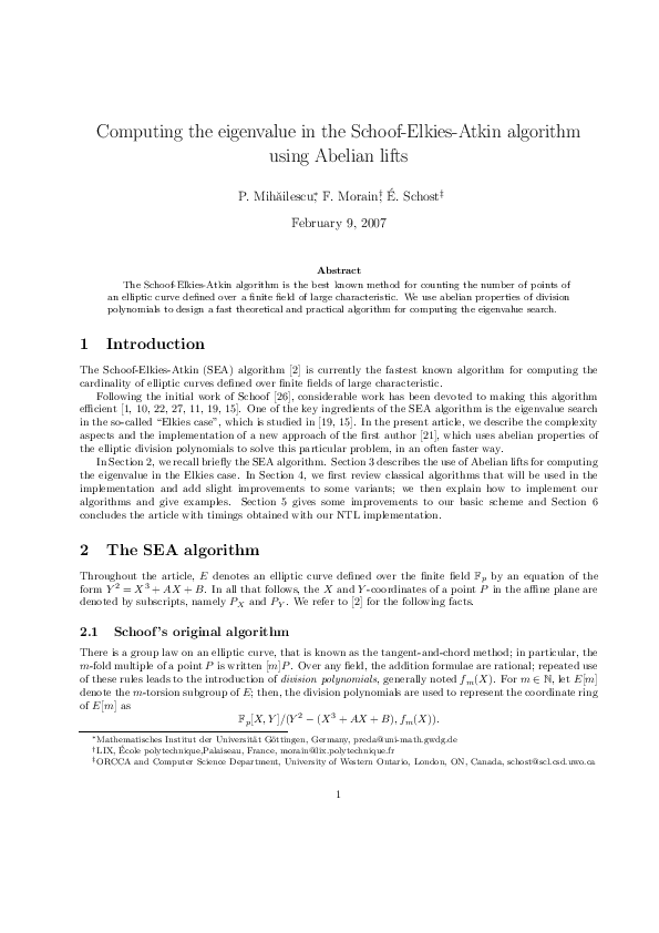 (PDF) Computing the eigenvalue in the Schoof-Elkies-Atkin algorithm using Abelian lifts