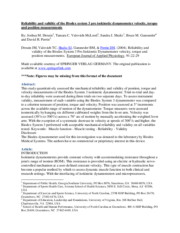 Pdf Reliability And Validity Of The Biodex System 3 Pro Isokinetic Dynamometer Velocity
