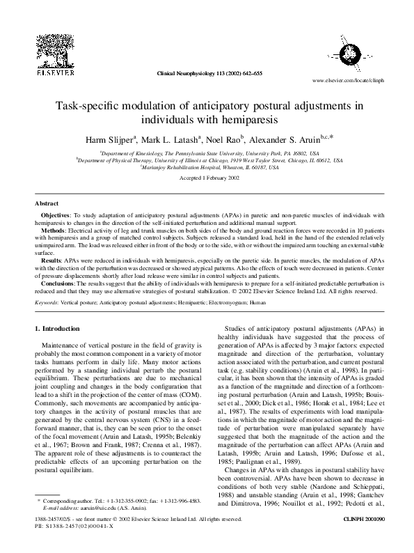 (PDF) Task-specific modulation of anticipatory postural adjustments in individuals with hemiparesis