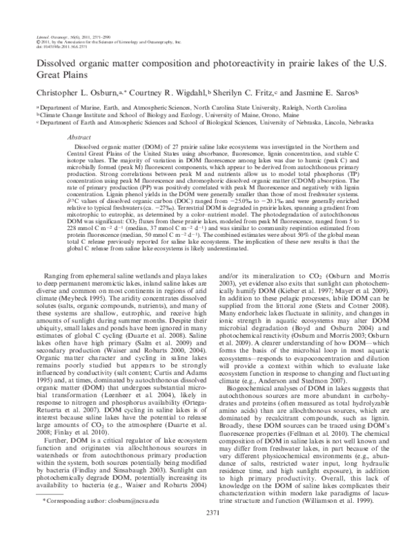 (PDF) Dissolved organic matter composition and photoreactivity in prairie lakes of the U.S ...