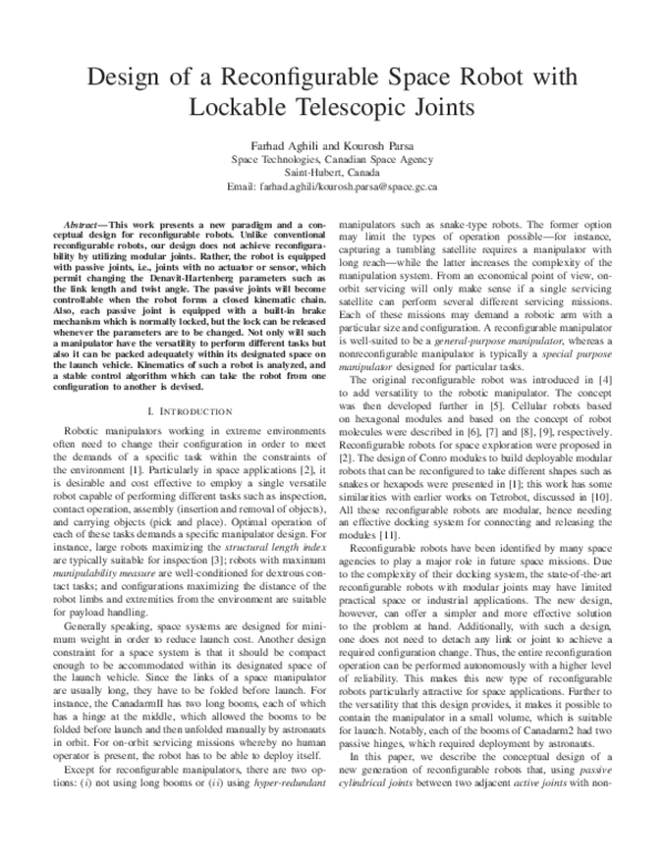 Pdf Design Of A Reconfigurable Space Robot With Lockable Telescopic Joints