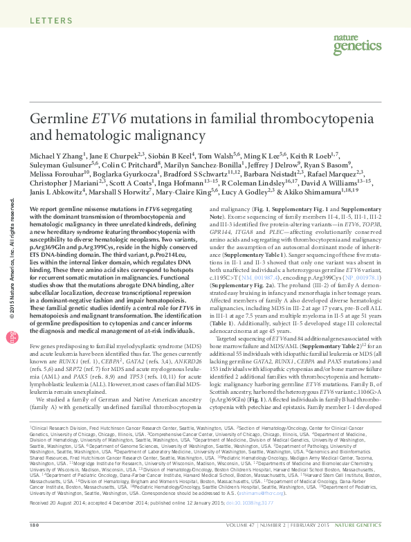 (PDF) Germline ETV6 mutations in familial thrombocytopenia and ...