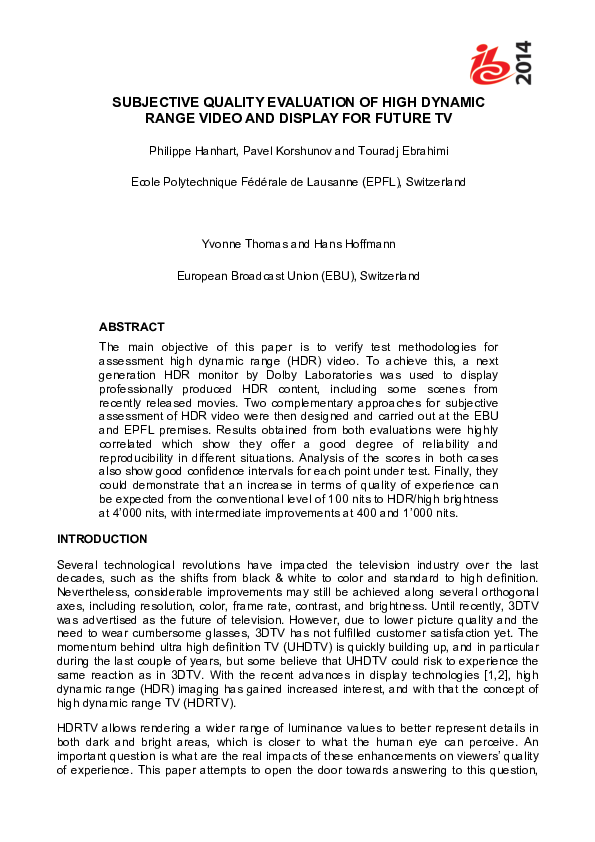 (PDF) Subjective Quality Evaluation of High Dynamic Range Video and ...