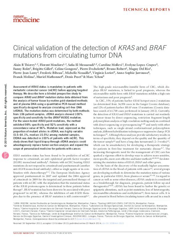Pdf Clinical Validation Of The Detection Of Kras And Braf Mutations From Circulating Tumor Dna