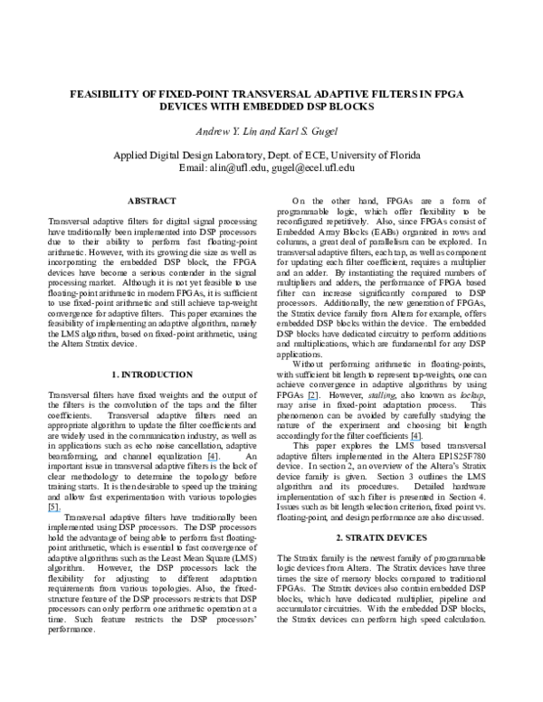 (PDF) Feasibility of fixed-point transversal adaptive filters in FPGA devices with embedded DSP ...