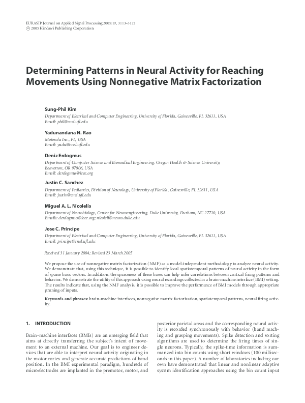 (PDF) Determining Patterns in Neural Activity for Reaching Movements Using Nonnegative Matrix ...