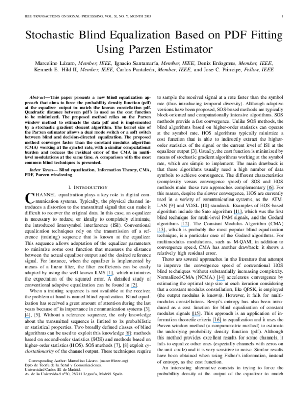 (PDF) Stochastic blind equalization based on PDF fitting using Parzen estimator